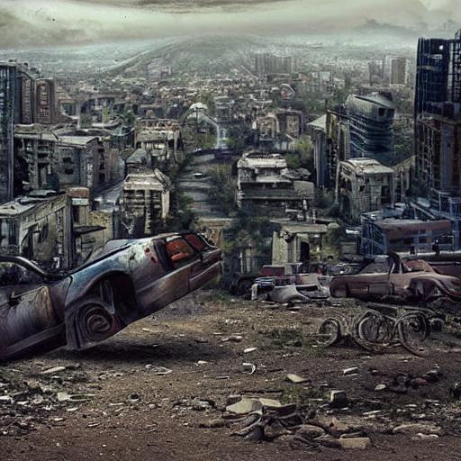 post apocalyptic world, machines, rolling hills, run... | OpenArt