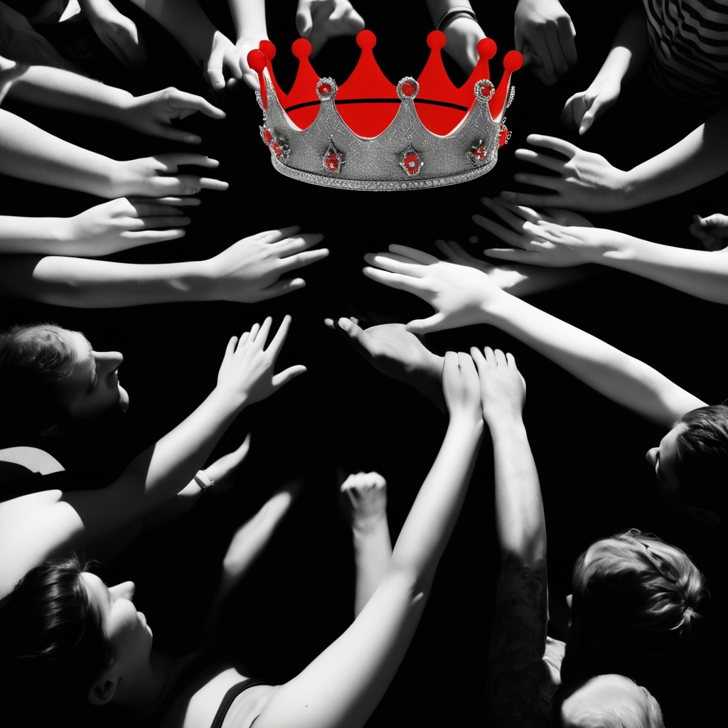 A black and white photo of a crown of people and one...