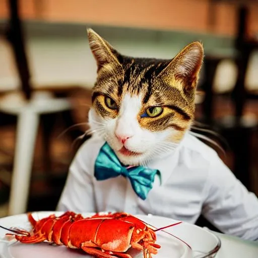Cat with bow tie eating lobster at fancy restaurant