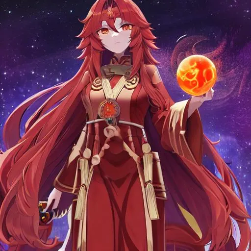 giant demon god with golden eyes and long firey cosm...