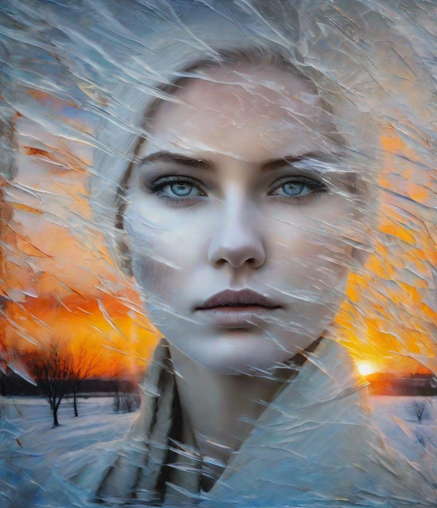 a painting of a white frozen woman's face with a sun...