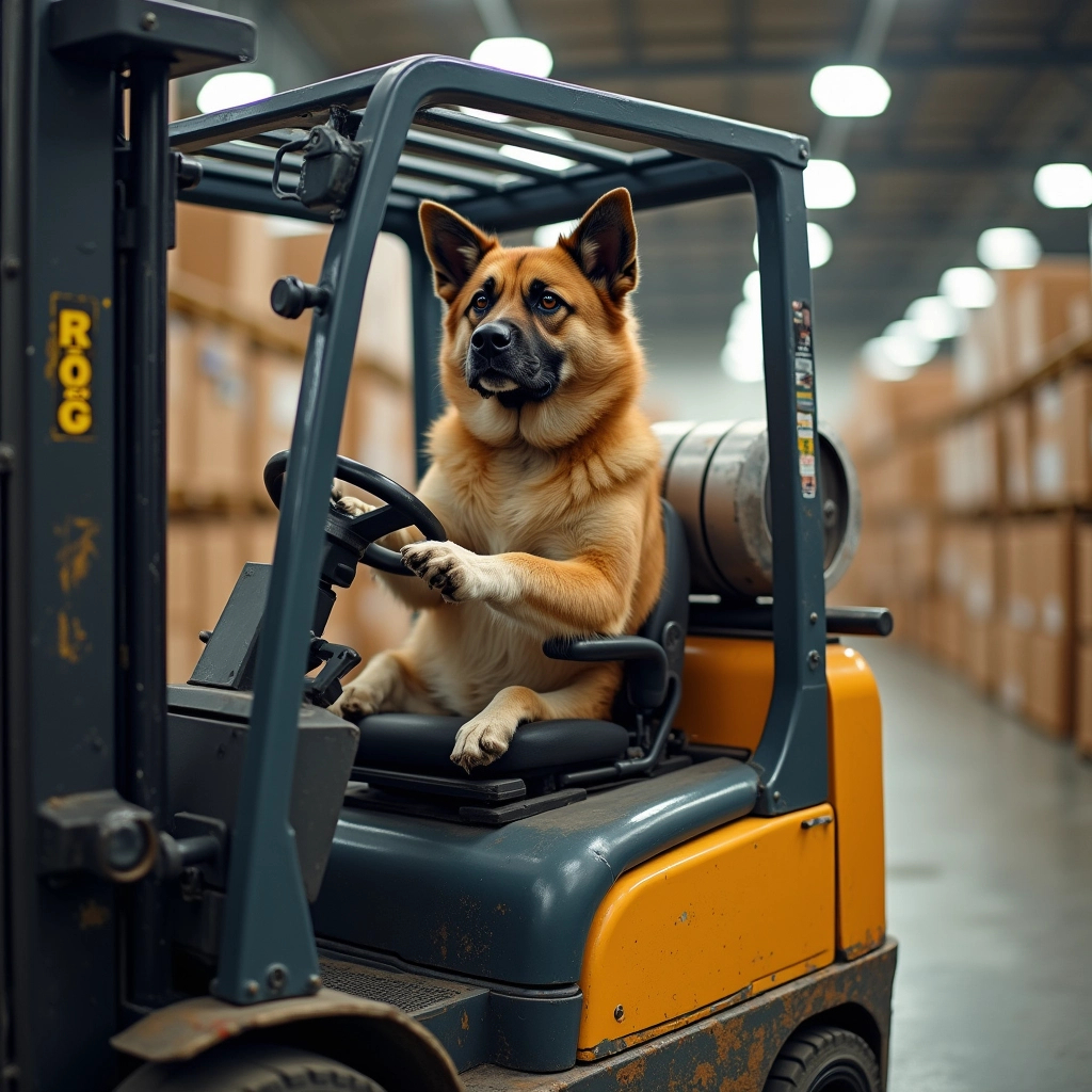 A dog working, driving a forklift in a warehouse. Th...