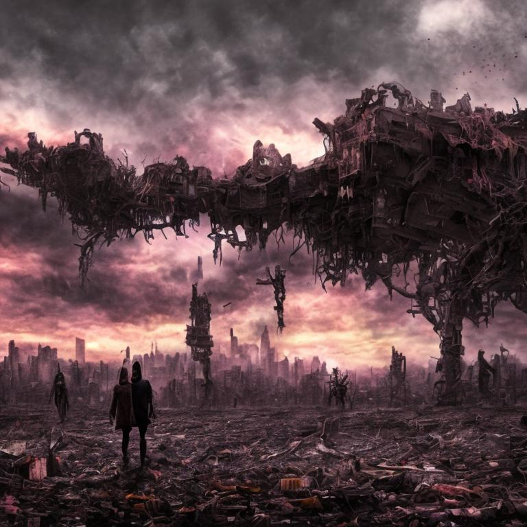 Dark ominous backdrop, apocalyptic wasteland, purple...