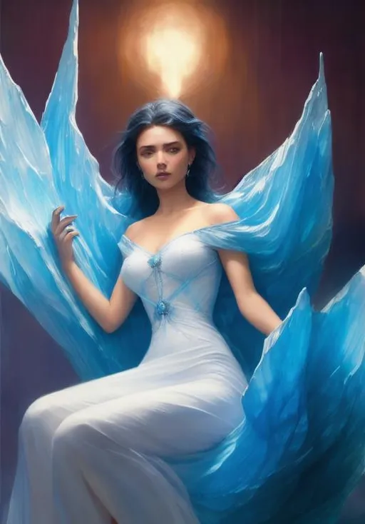 woman in cyan blue crystal geode, white cloth fallin... | OpenArt