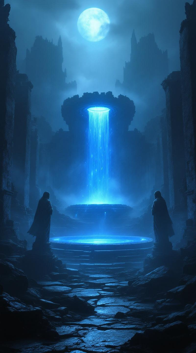 Ruined fantasy landscape with a glowing blue magical...