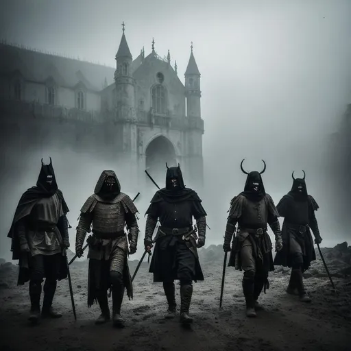 Mystical photo of masked demons in rugged gear, enga... | OpenArt