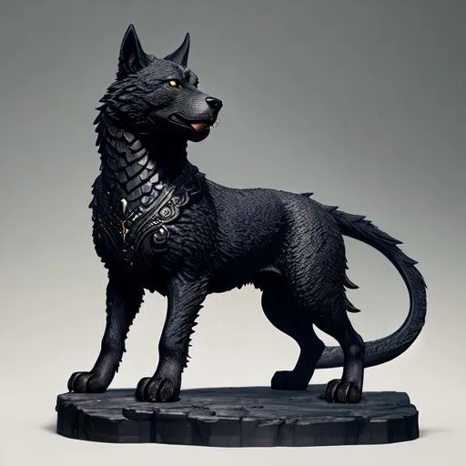obsidian statue of a four legged canine like dragon,... | OpenArt