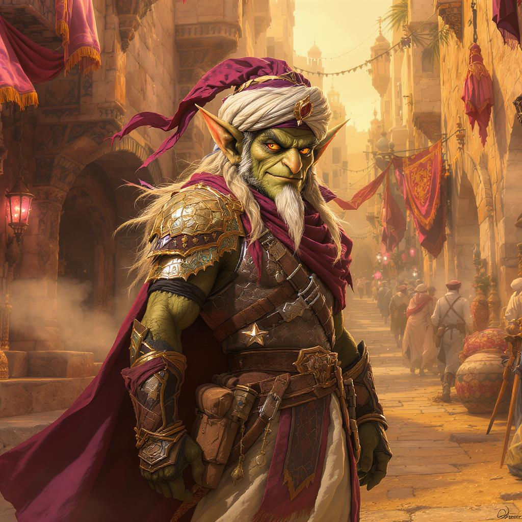 d&d5e rurbaned male goblin scout captain in dreamlik...