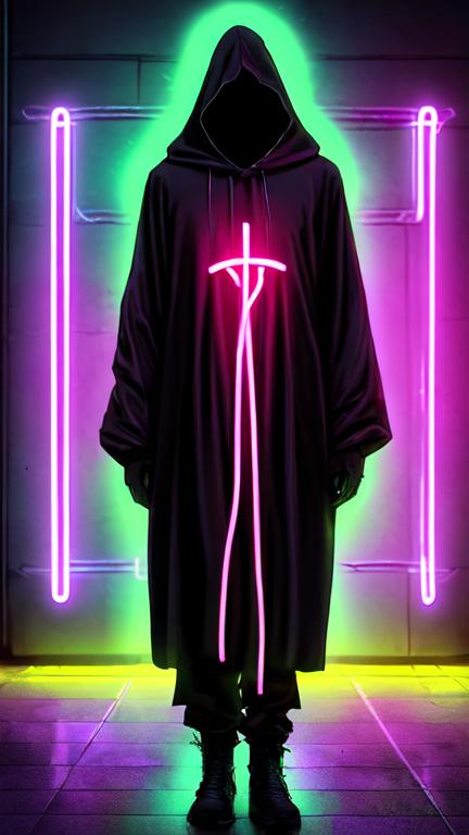 Quality, hooded figure, selling their soul, neon bac... | OpenArt