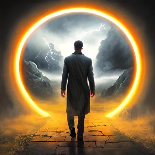 a man walking into a heavenly portal, mist, lightnin...