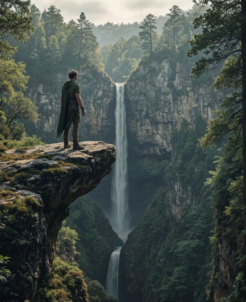 On a rock ledge projecting from a dark forest an ath...