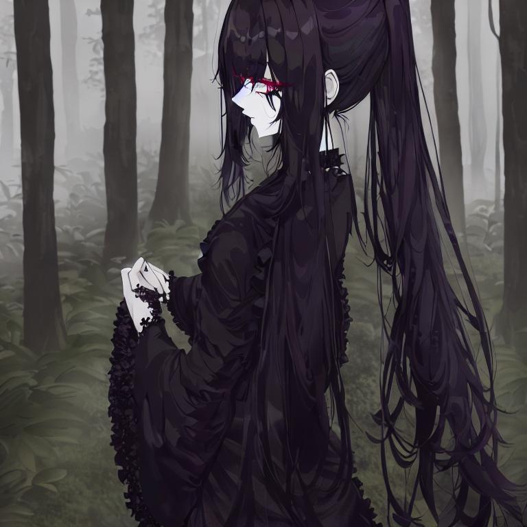 A creepy goth girl with dark makeup standing in a mo... | OpenArt