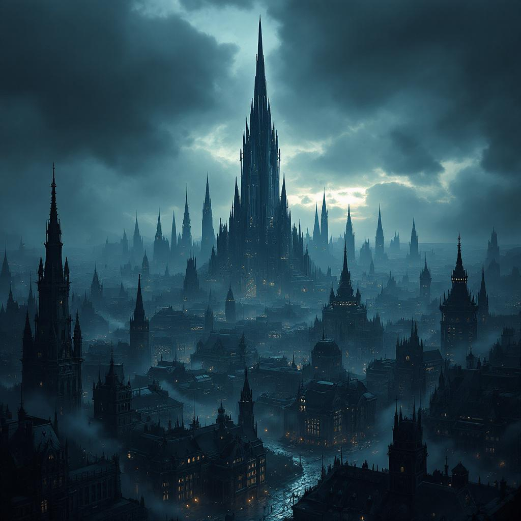 A sprawling, dark cityscape unfolds beneath an omino...