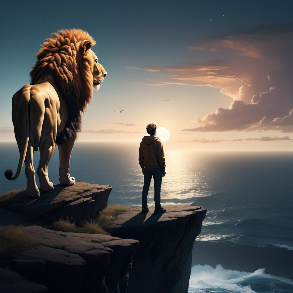 A lion next to a 27-year-old man standing at the tip...