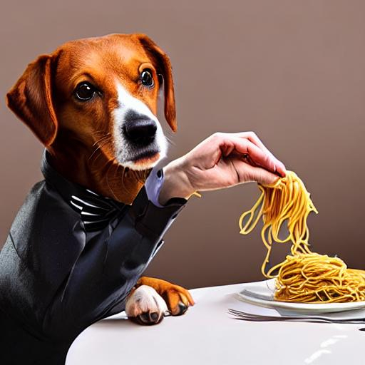 Dog in suit at table eating spaghetti