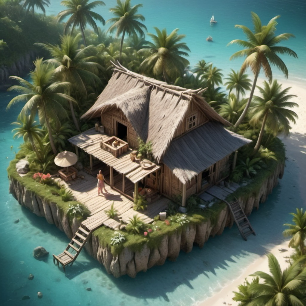 miniature isometric world render, a hut surrounded b...