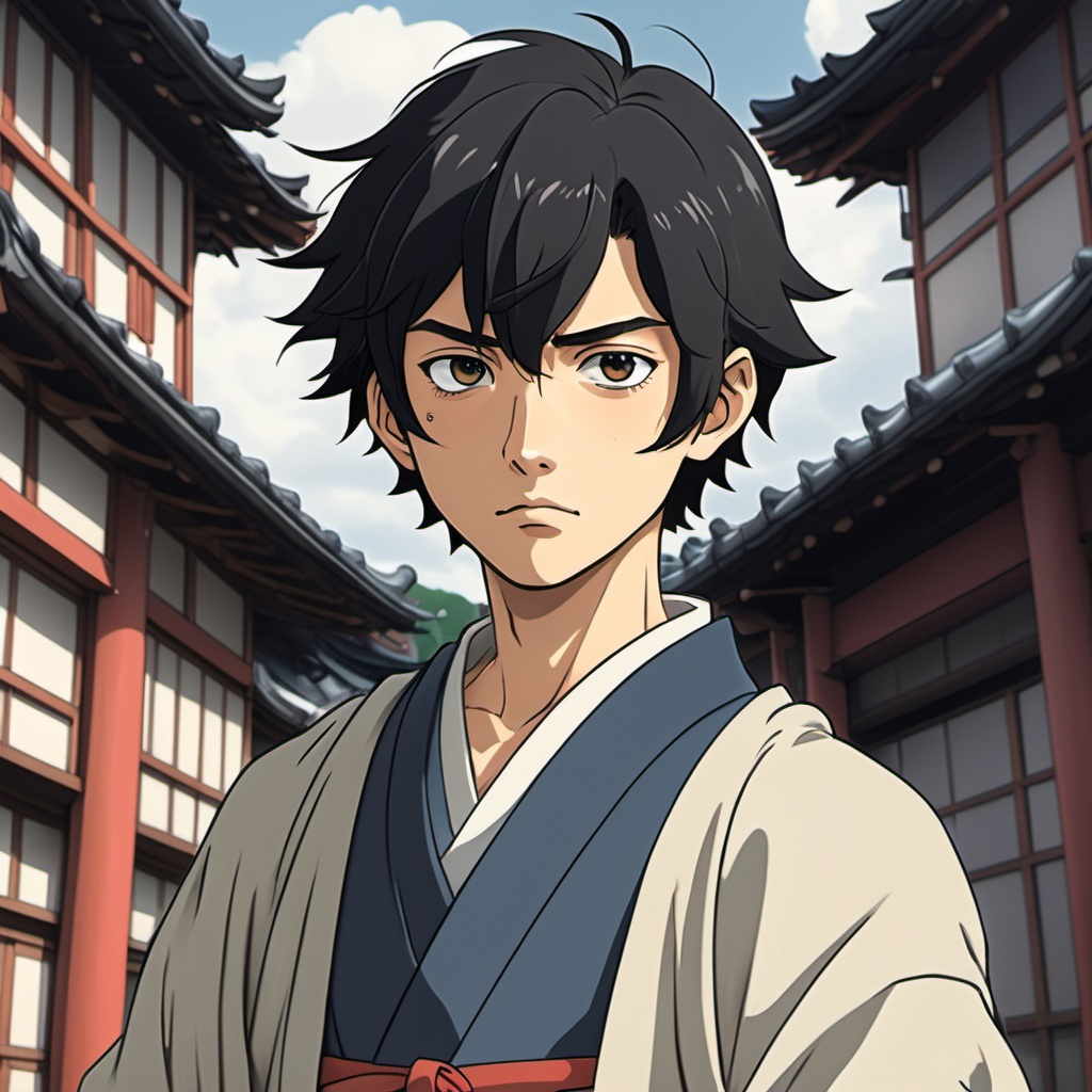 2d studio ghibli anime style, defiant male Japanese...
