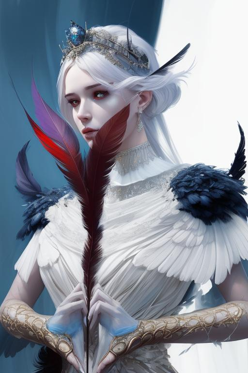 An ethereal bird queen, perfectly illuminated, weari...