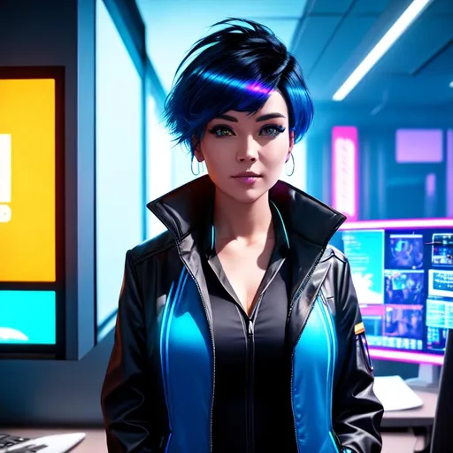 portrait of cyberpunk office worker, behind desk, me...