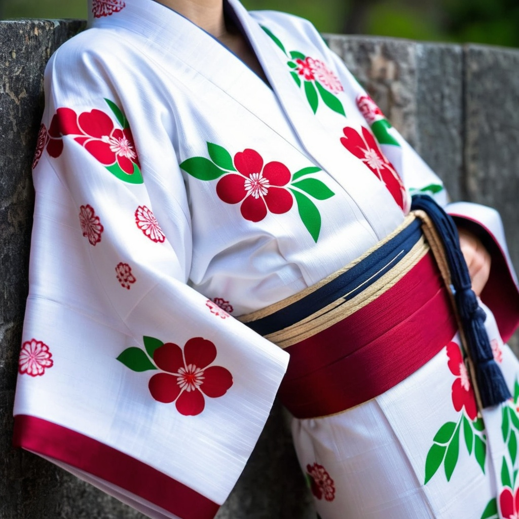 Beautiful yukata with plums and a dark red obi
