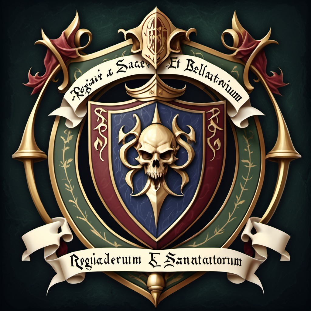 A vampier elf school crest with the words Regiae aca...