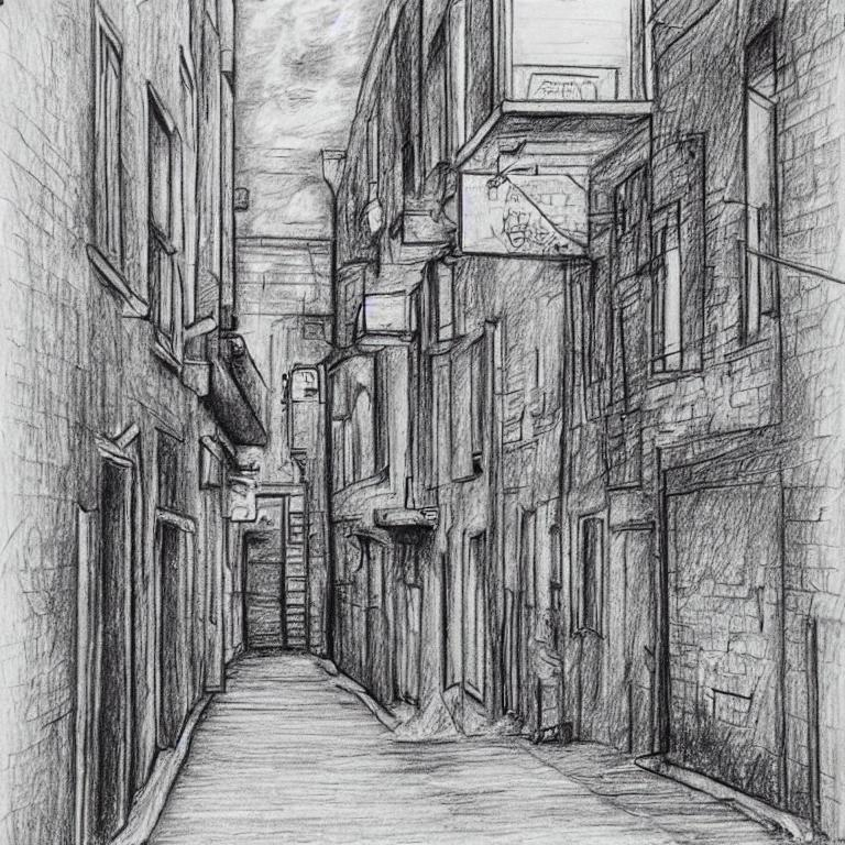 a pencil sketch of a dead end alleyway