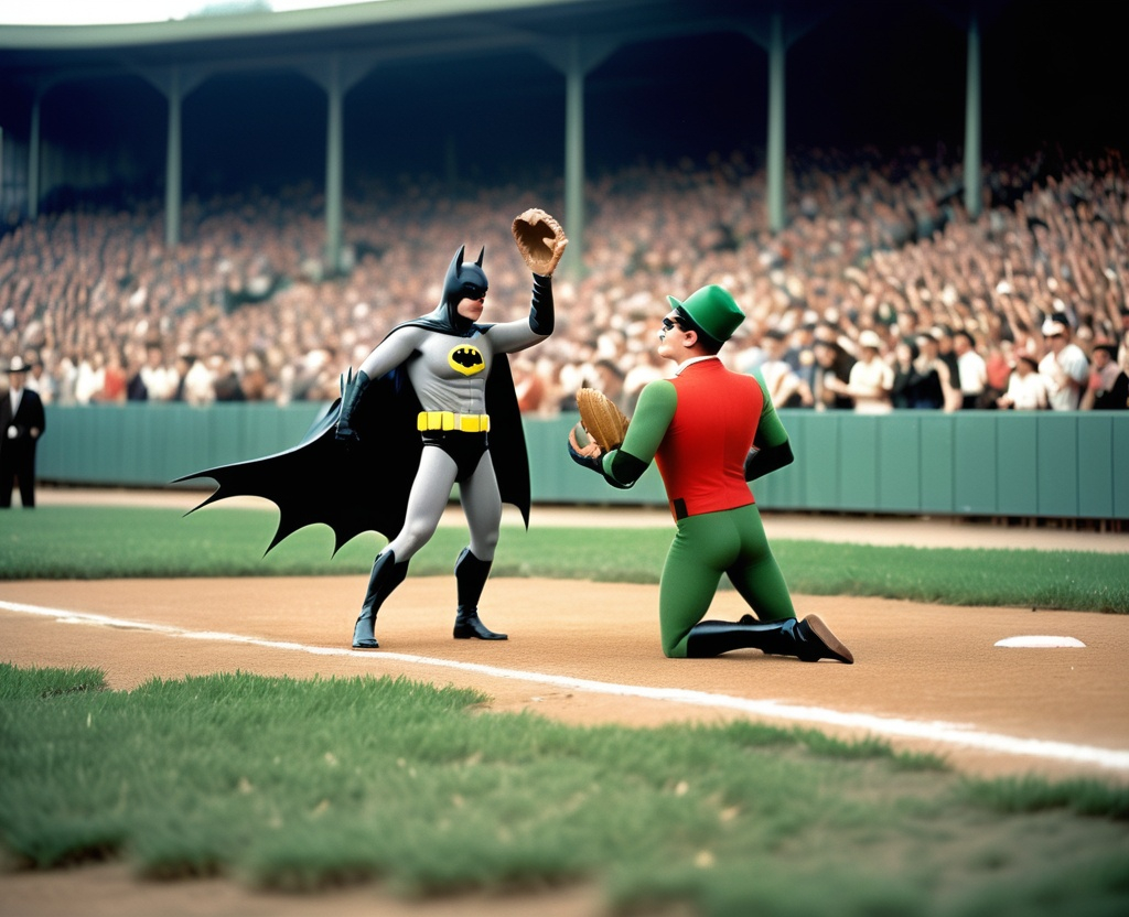 Baseball field, crowd, BATMAN and robin play catch,...
