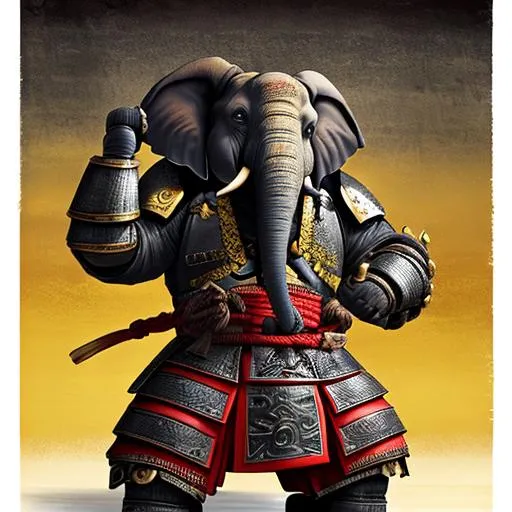 mutant-elephant in samurai-armour standing with clen...