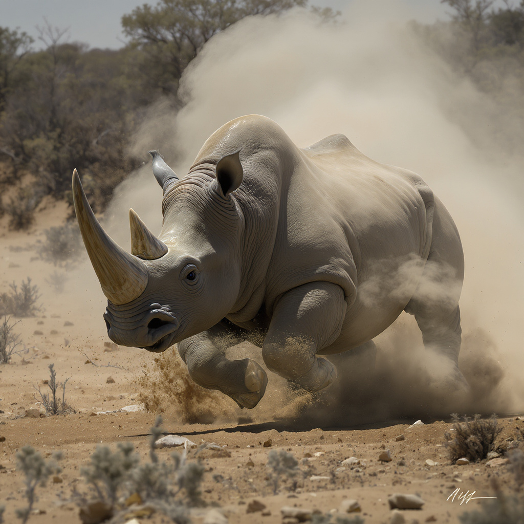 Running Rhino with intense expression, cloud of dust...