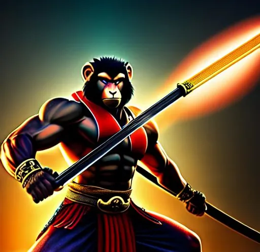 Monkey god, with katana, old japense art style, in h...