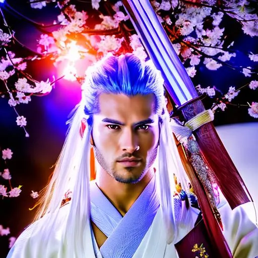 "Samurai Male with long White hair and ponytail", we...