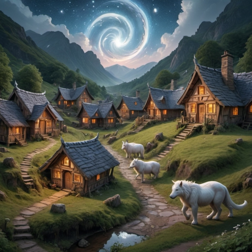A celestial, A village with many cabins and mythical...