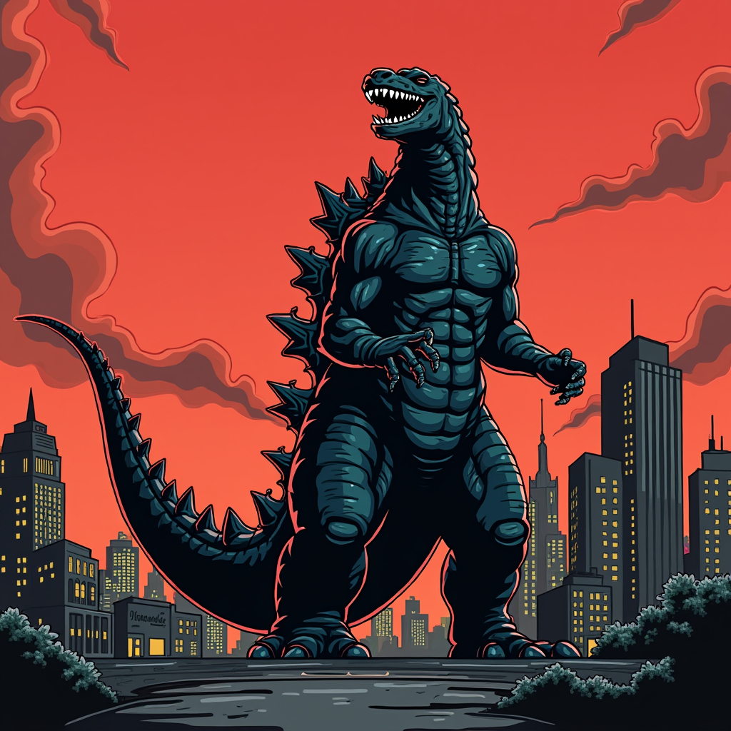 Cartoon Godzilla coming up iverNashville Batman buil...