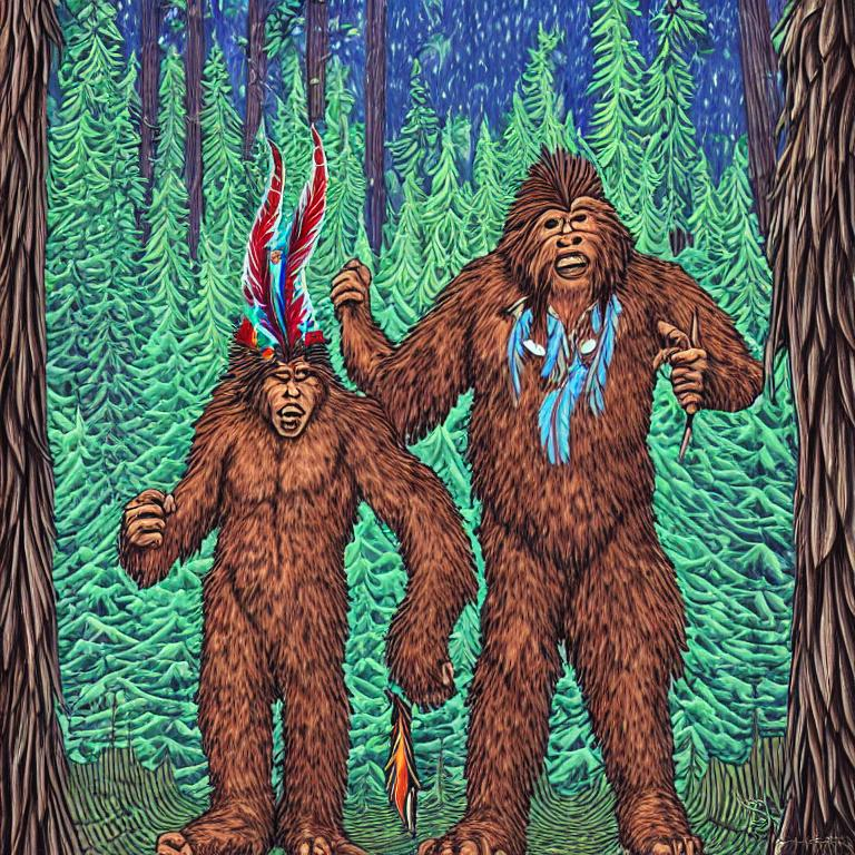 Bigfoot as a shaman tribal chief with feathers on he... | OpenArt
