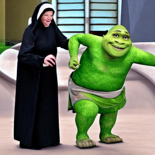 Nun goes skateboarding with Shrek Stiller | OpenArt