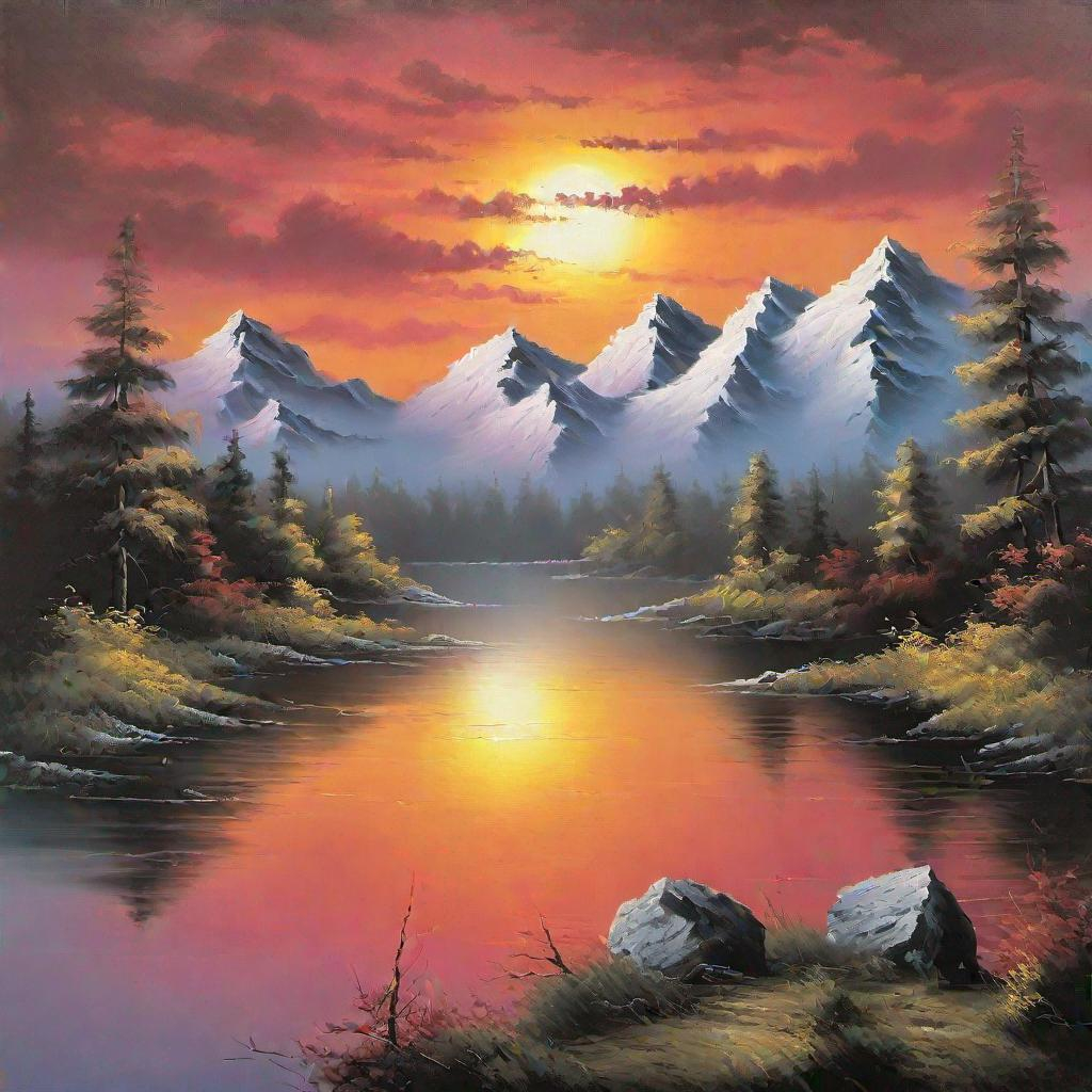 Bob Ross painting of a beautiful sunset