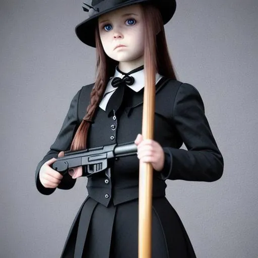 a girl holding a gun in her hand crank rifle in hand... | OpenArt