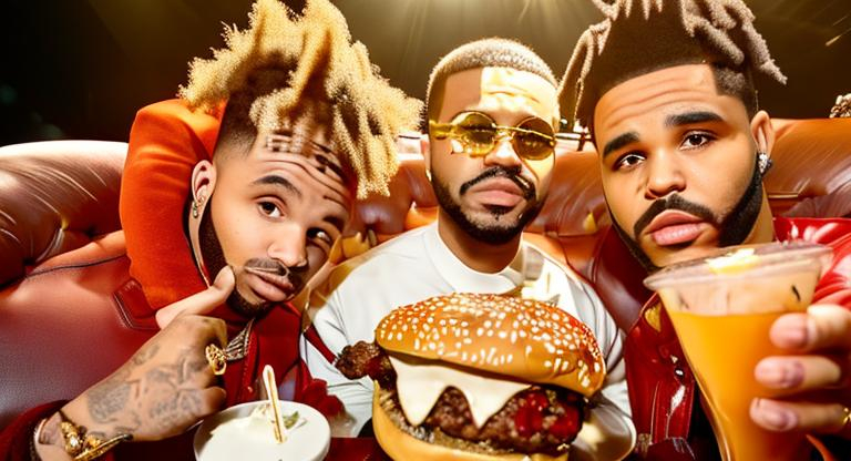 Drake, the weeknd, and the migos are eating burgers