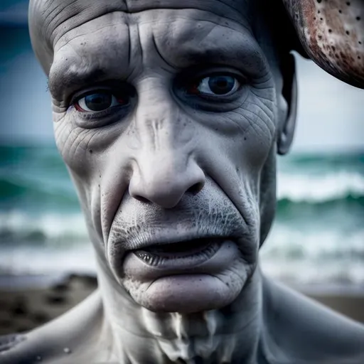 A very old hunchback with his hands in the sand and... | OpenArt