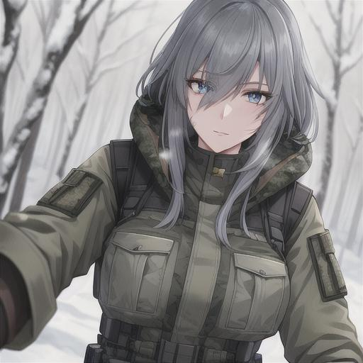 A anime female soldier ready to ambush in a snowy fo...