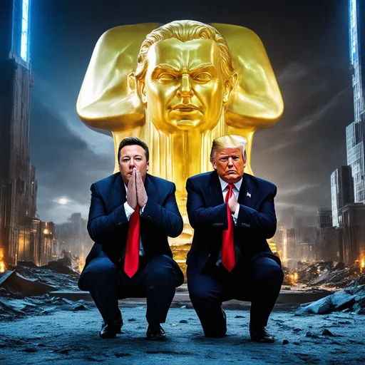Elon Musk and Donald Trump, in front of a giant gold...