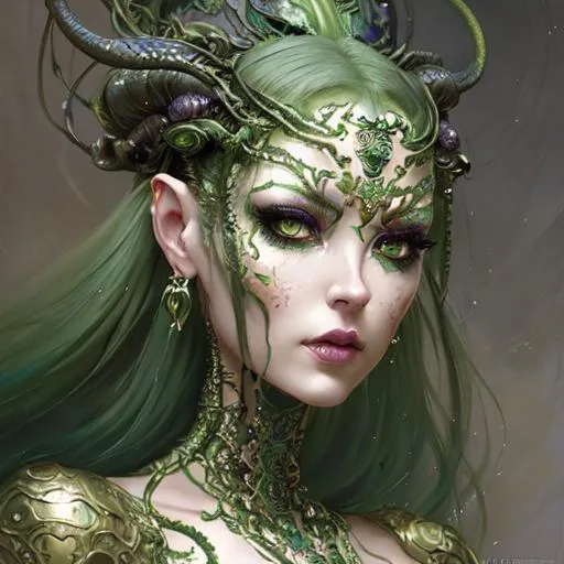 A alien empress, beautiful face, stunning snake gree... | OpenArt