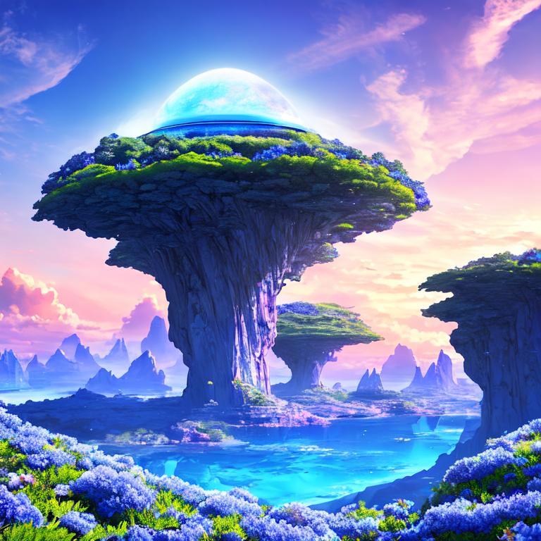 dreamy photograph of an azure alien home, alien flor...