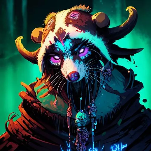 splash art portrait, opossum shaman, water, grim and...