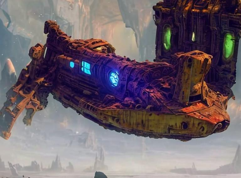 wreck broken ancient huge old rusty spaceship astron...