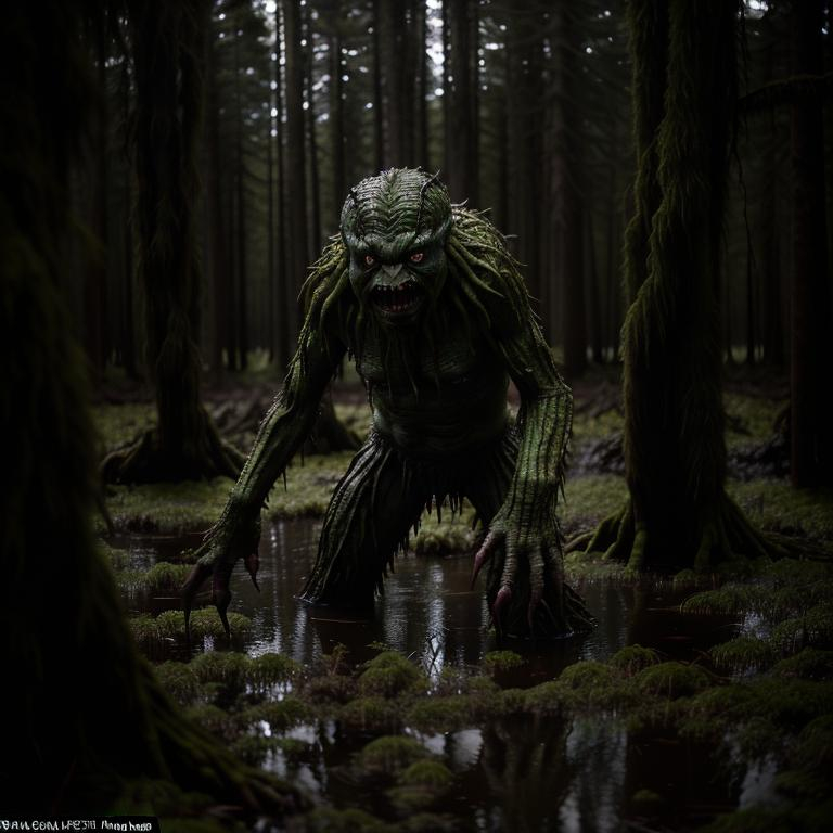 Horrific monstrous creature lurking in a dark and mu...