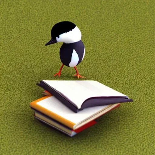 Tiny cute magpie toy, reading a book, standing chara... | OpenArt