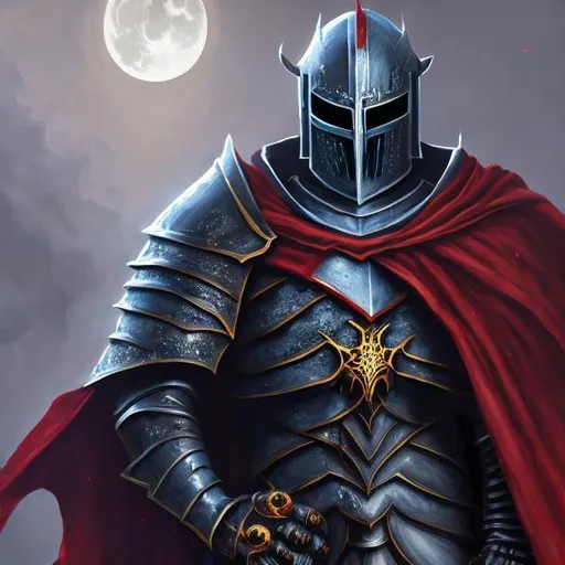 A painting of a menacing knight in a dark shaded arm... | OpenArt