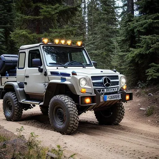 mercedes unimog in light grey, offroading, cinematic...