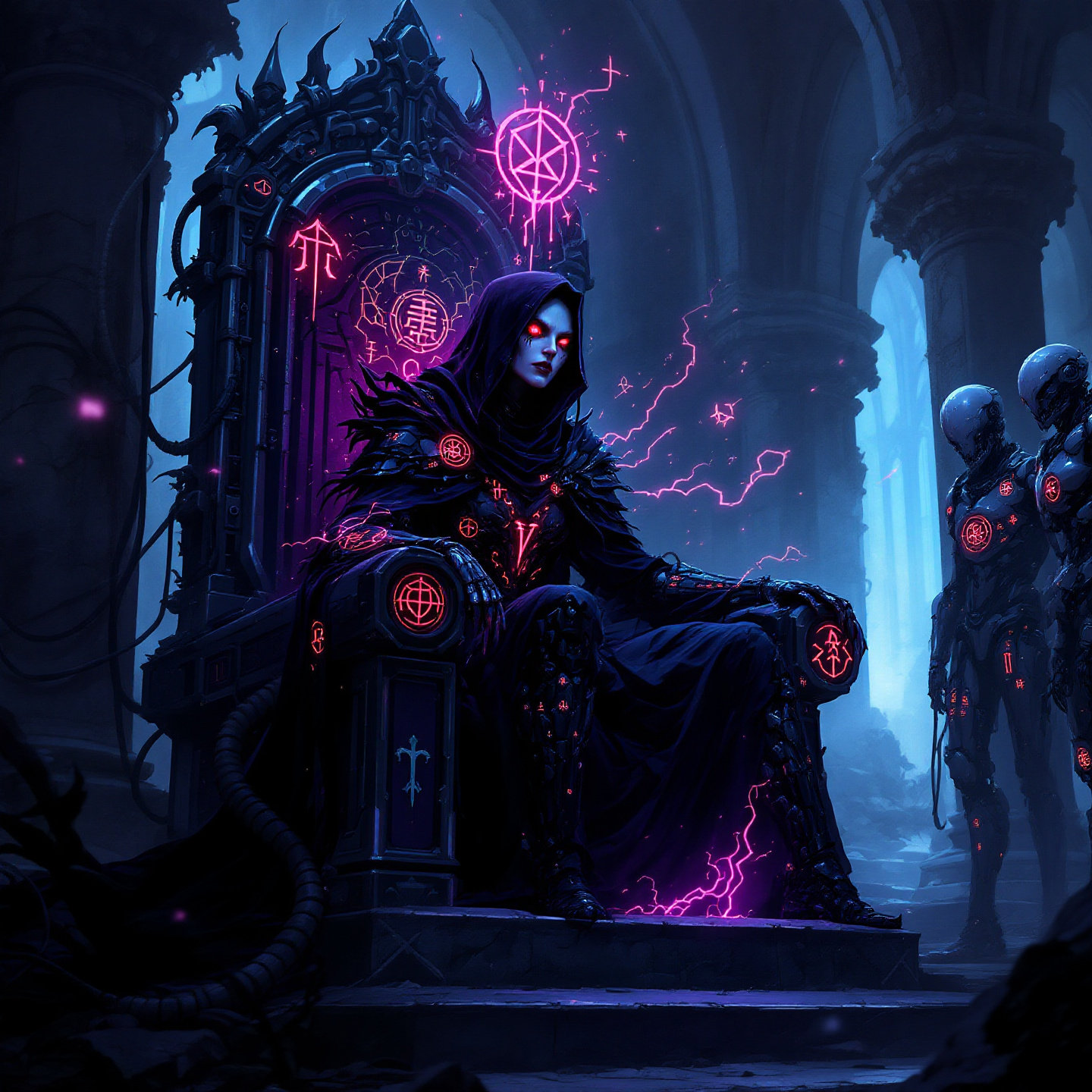 A Necro-Cyberpunk Lich Queen, cloaked in tattered ro...